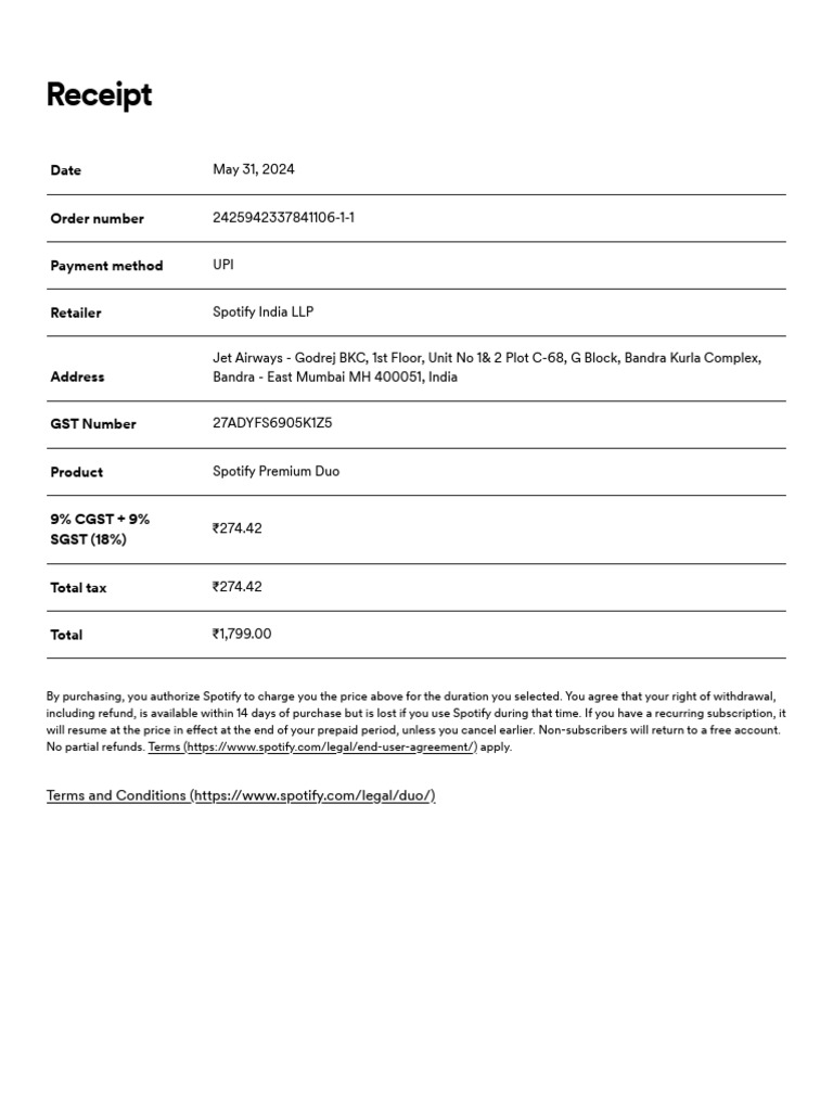 Spotify Premium Duo Invoice Receipt | PDF