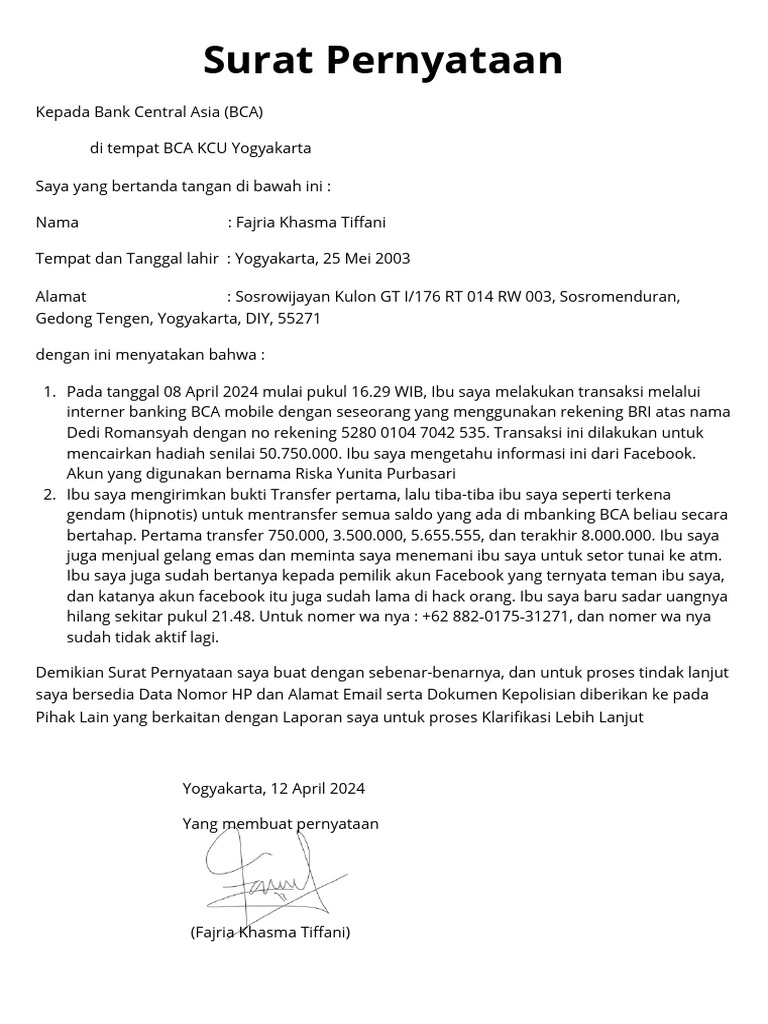 Surat Pernyataan Penipuan BCA | PDF