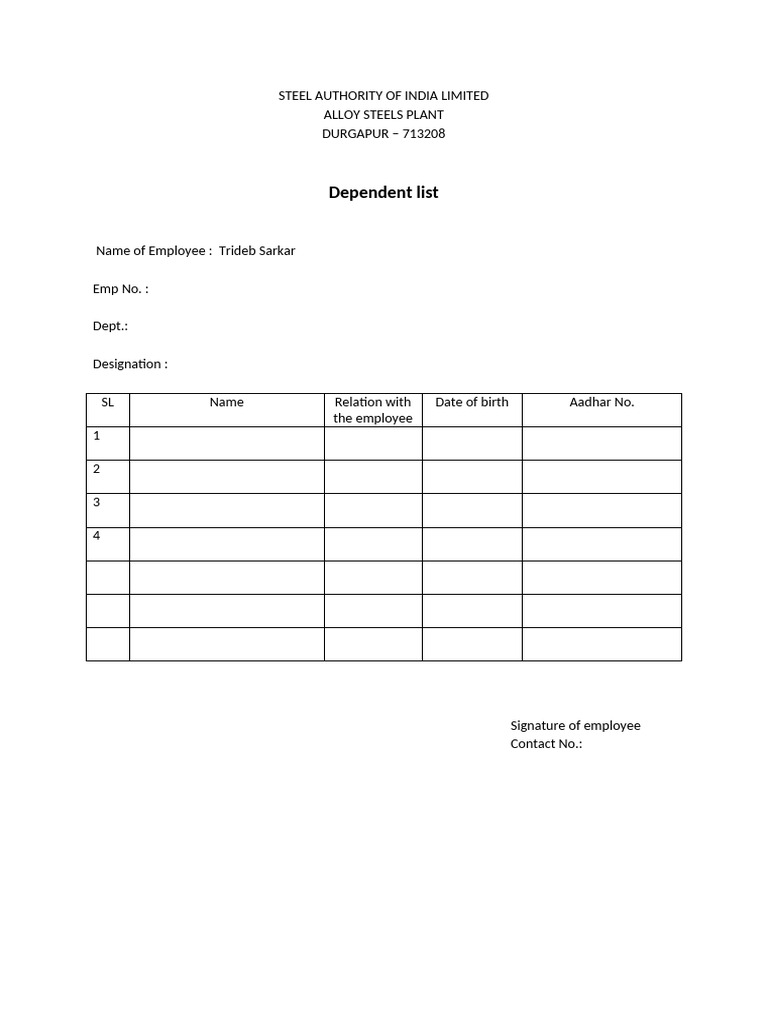 Employee Dependency List for Trideb Sarkar | PDF