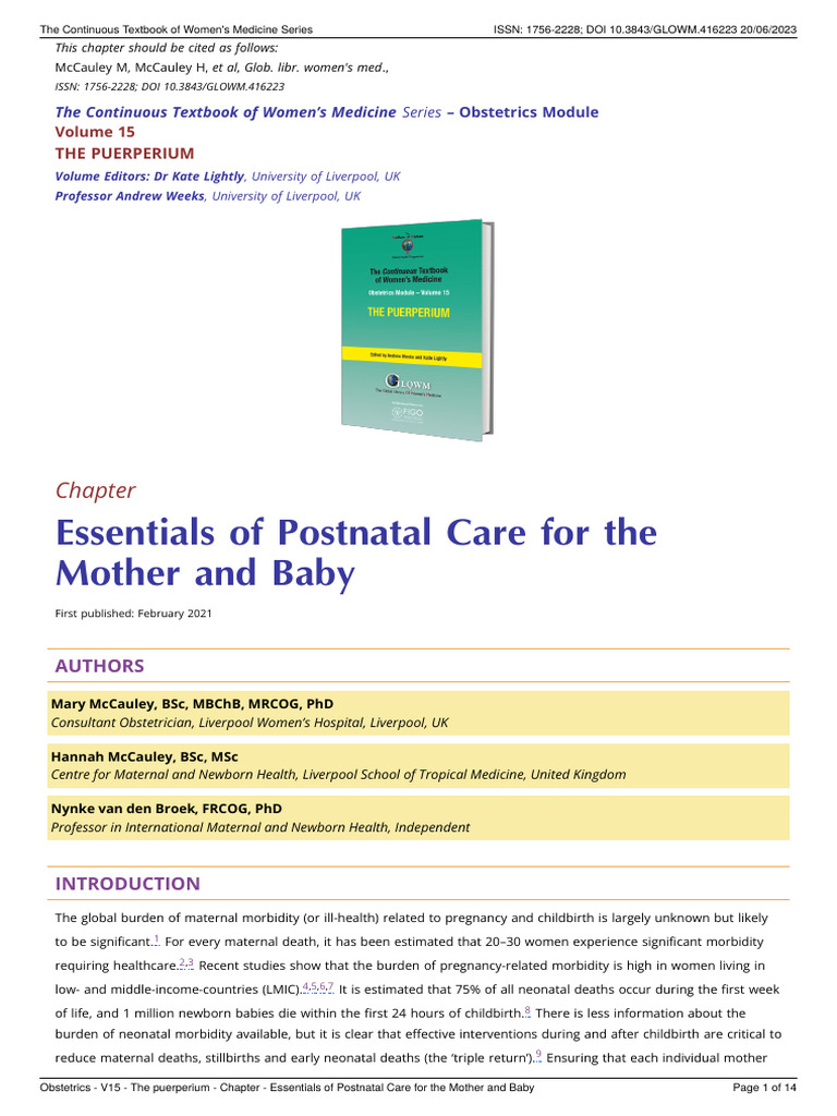 Obstetrics V15 The Puerperium Chapter Essentials of Postnatal Care For ...