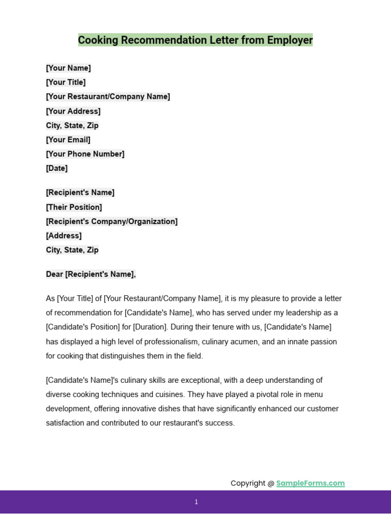 Cooking Recommendation Letter From Employer | PDF