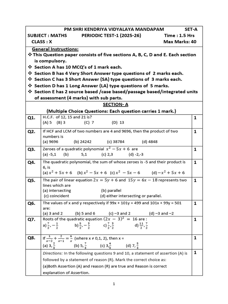 10TH Maths PT-1 Set A (2025-26) | PDF | Quadratic Equation | Mathematical Concepts