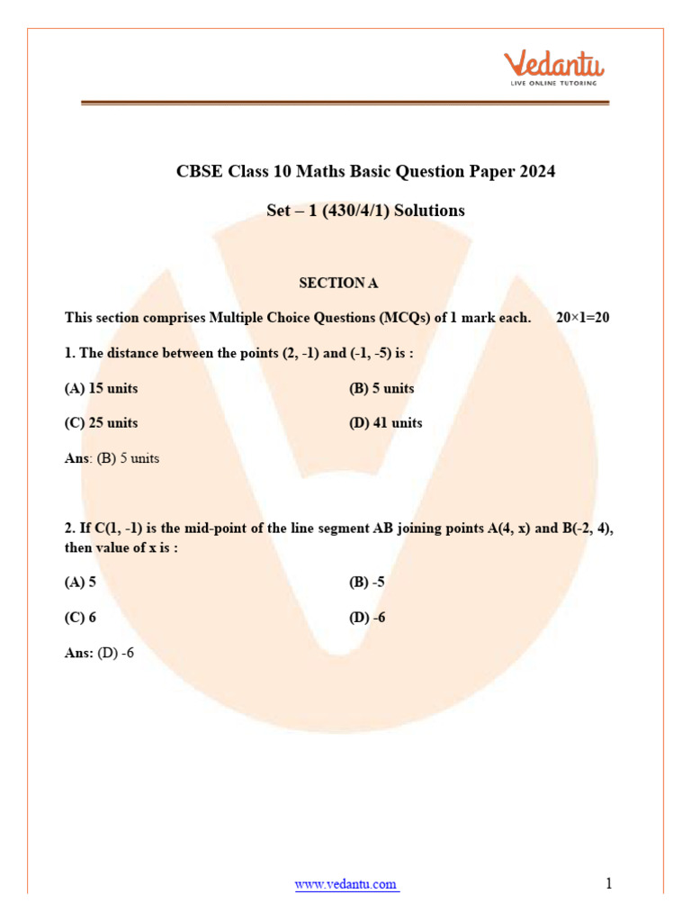 Class 10 Maths 2024 Basic Set-1 (430!4!1) Question Paper With Solutions ...