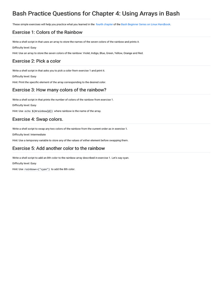 Bash Chapter 4 Practice Questions Linux Handbook | PDF | Color | Cyan