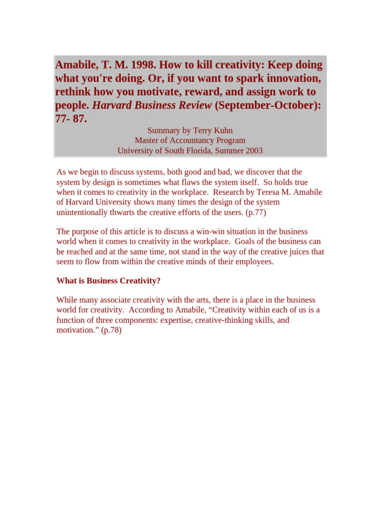Creativity HBR Article T | PDF | Motivational | Motivation