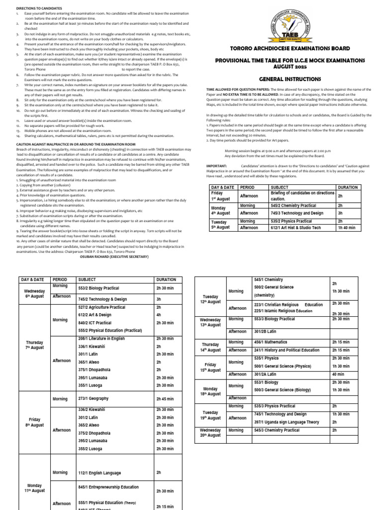 U.C.E Mock Exam Timetable 2025 | PDF