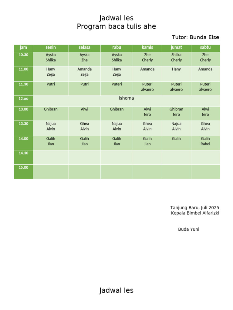 Jadwal Les Program Bimbel Alfarizki | PDF