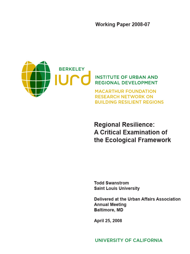 Regional Resilience A Critical Examination of The Ecological Framework | PDF | Ecological ...