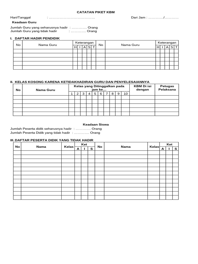 Contoh Buku Piket KBM | PDF