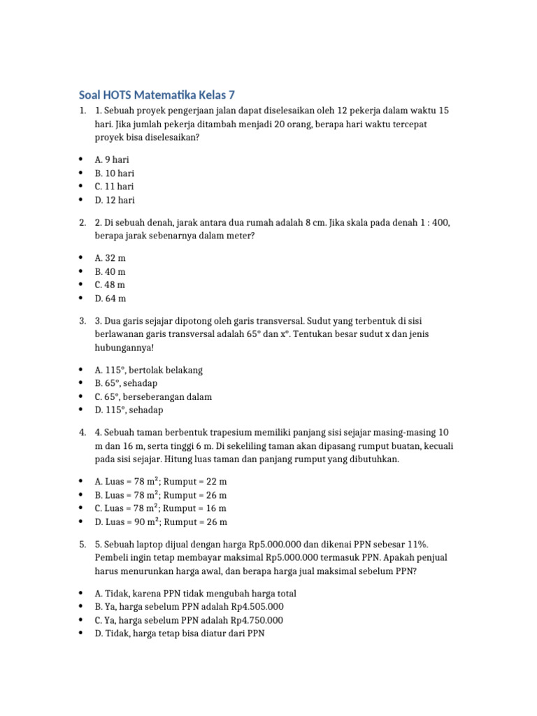 Soal HOTS Matematika Kelas 7 | PDF