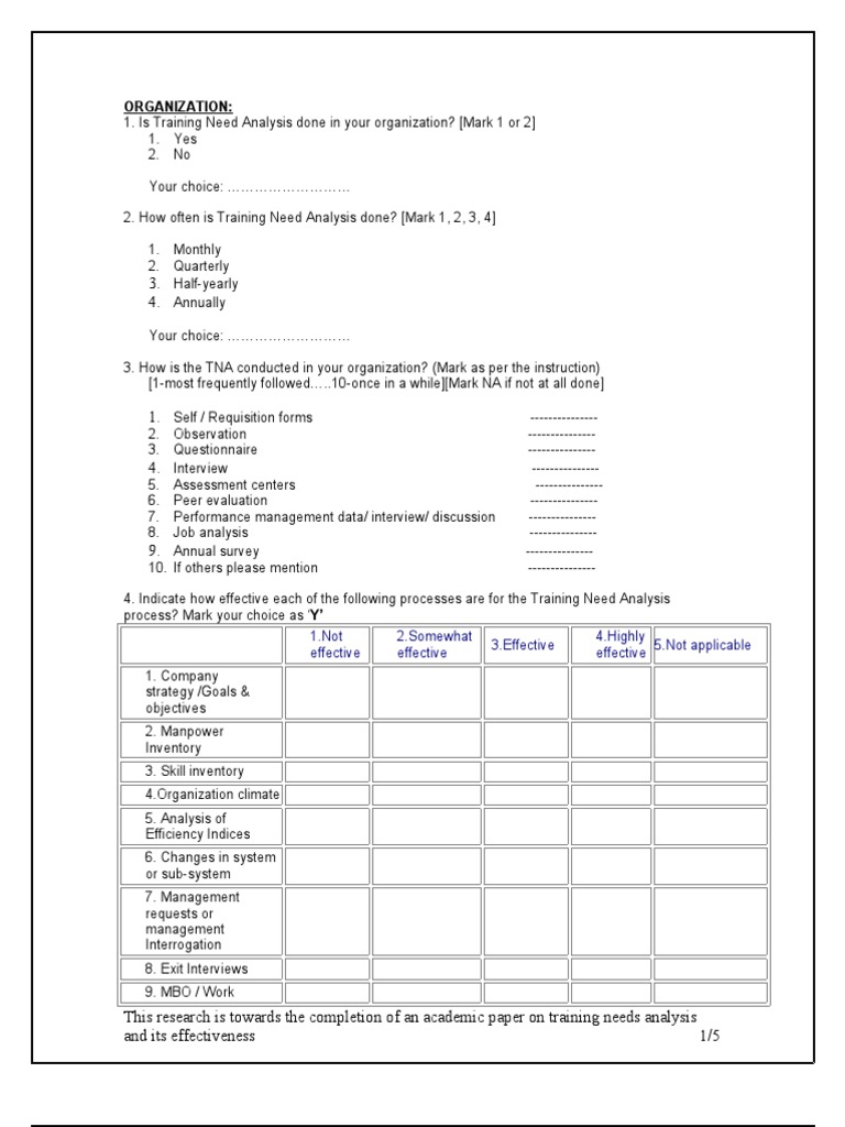 Questionnaire On Training Needs Analysis Radha Iyer 233 | PDF ...