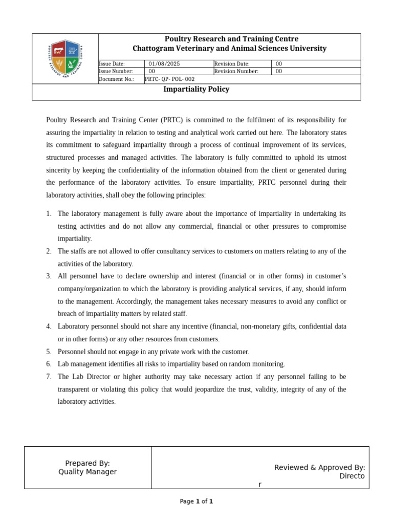 PRTC Laboratory Impartiality Policy | PDF | Laboratories