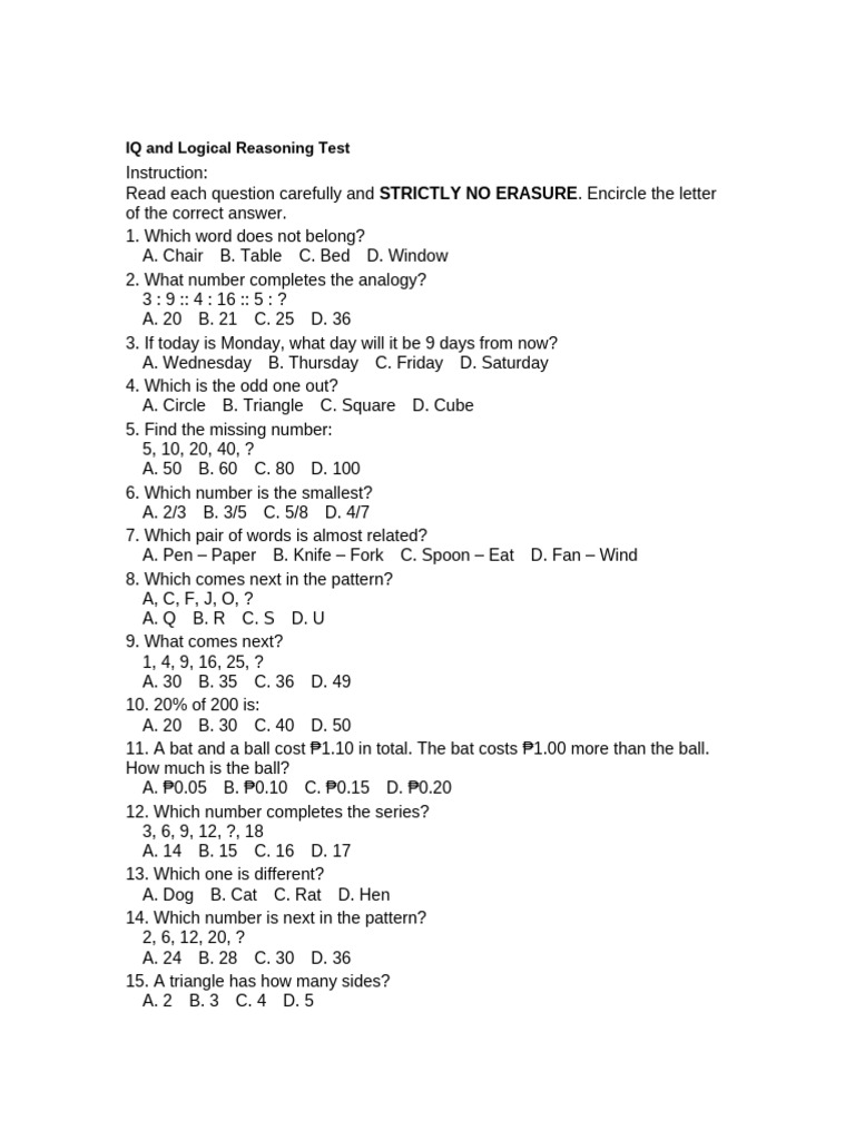 IQ Logical Reasoning and Personality Test EXAM | PDF | Shape | Part Of ...