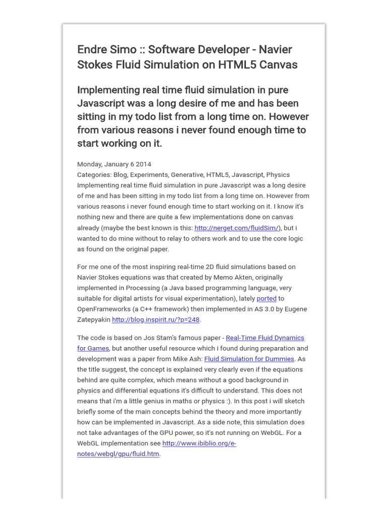Navier Stokes Fluid Simulation On HTML5 Canvas - Endre Simo - 2014 | PDF | Diffusion