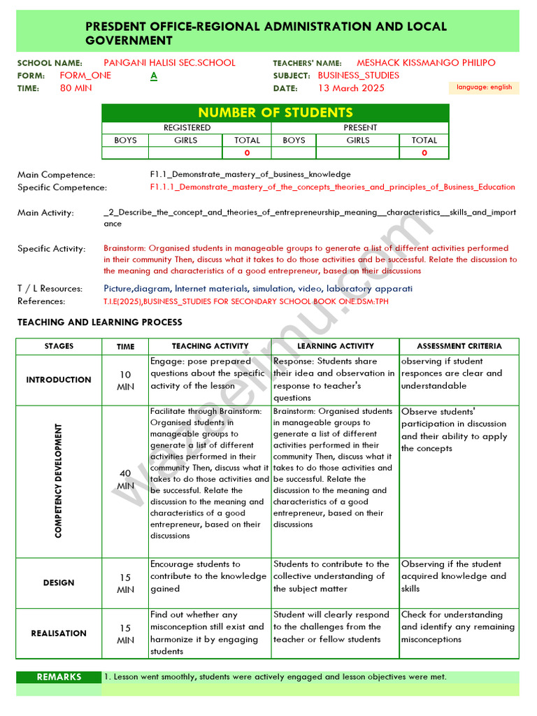 Business Studies Lesson Plan Overview | PDF | Teachers | Brainstorming