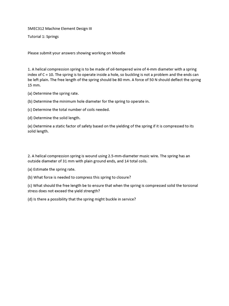 Tutorial 1 Springs 5MEC312 Design of Machine Elements III | PDF | Buckling | Applied And ...