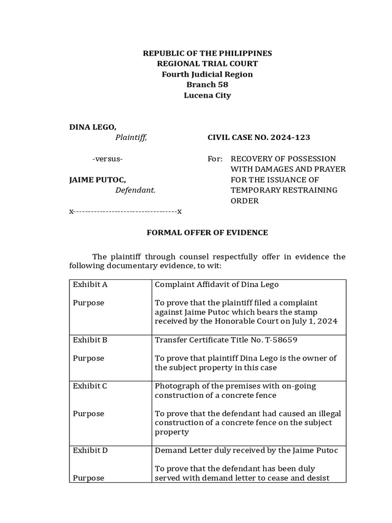 Formal Offer of Evidence For Recovery of Possession - Assignment No. 1 ...