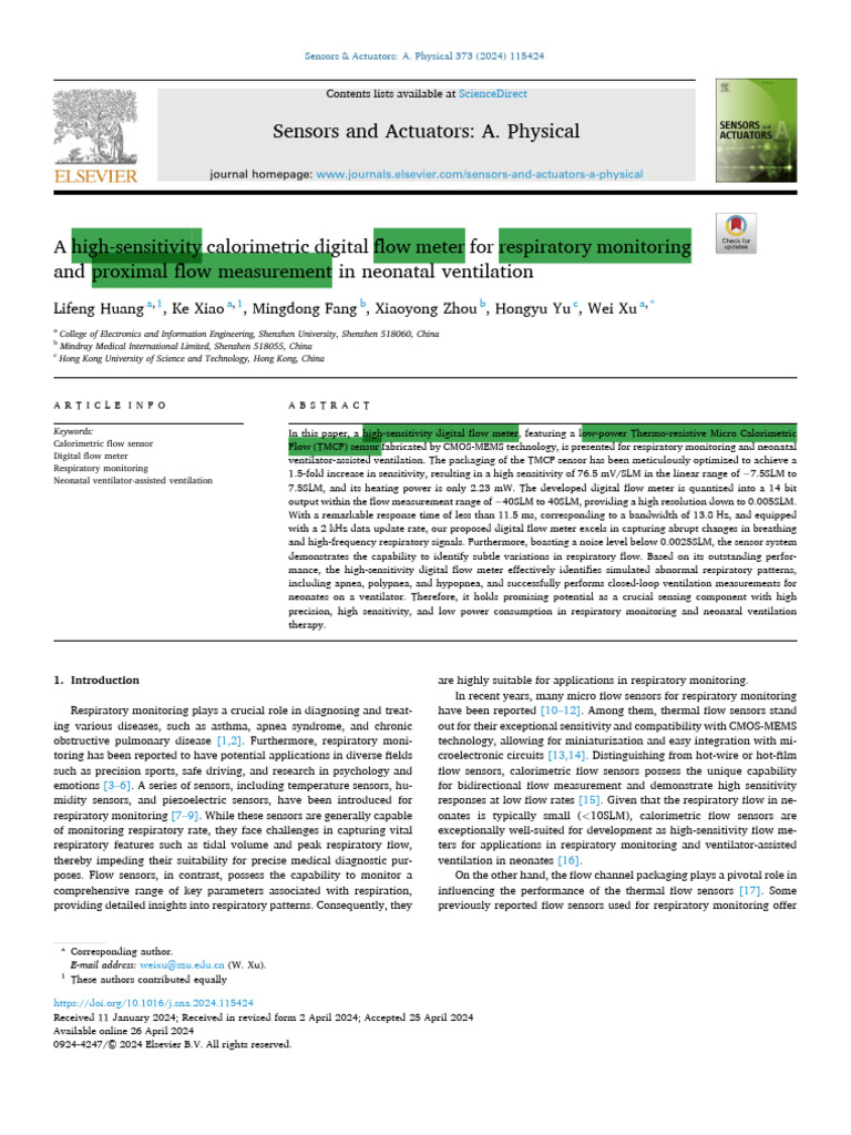 2024 - High-Sensitivity Calorimetric Digital Flow Meter For Respiratory ...
