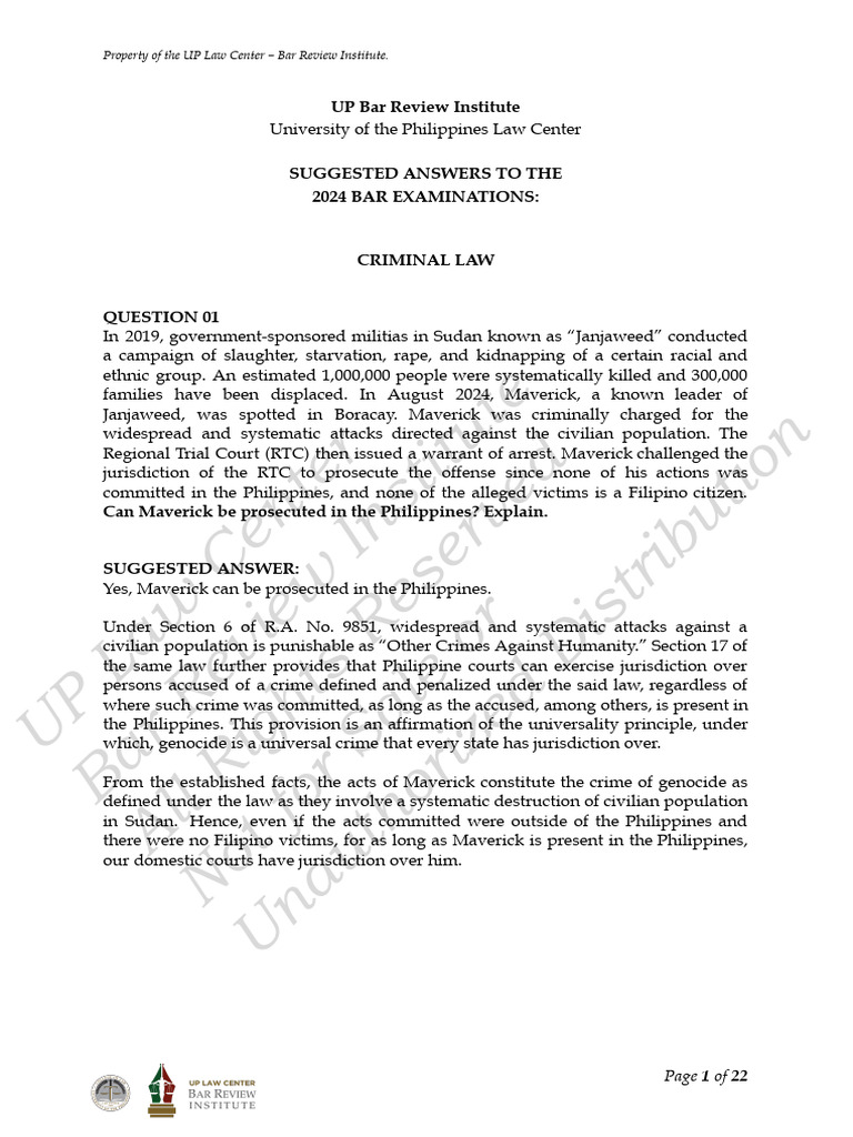 5 Criminal Law Suggested Answers To The 2024 Bar Examinations | PDF | Defamation | Misconduct