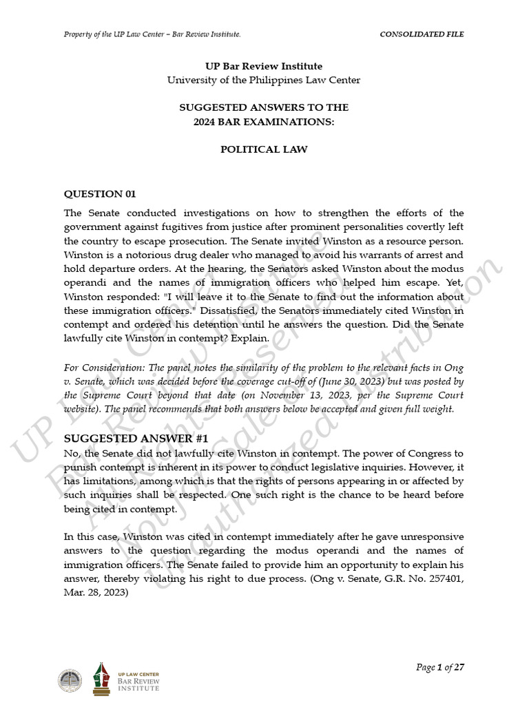 2024 Political Law Bar Exam Answers | PDF | Suspect Classification ...