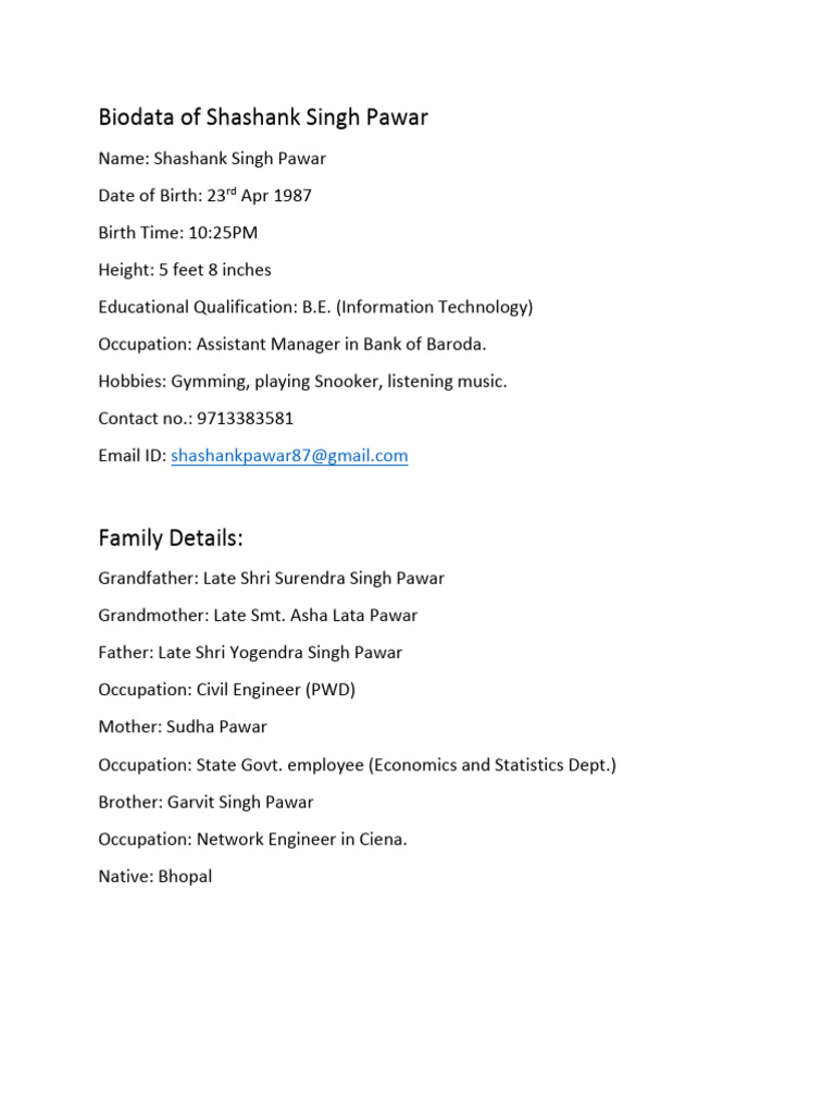 Biodata of Shashank Singh Pawar | PDF