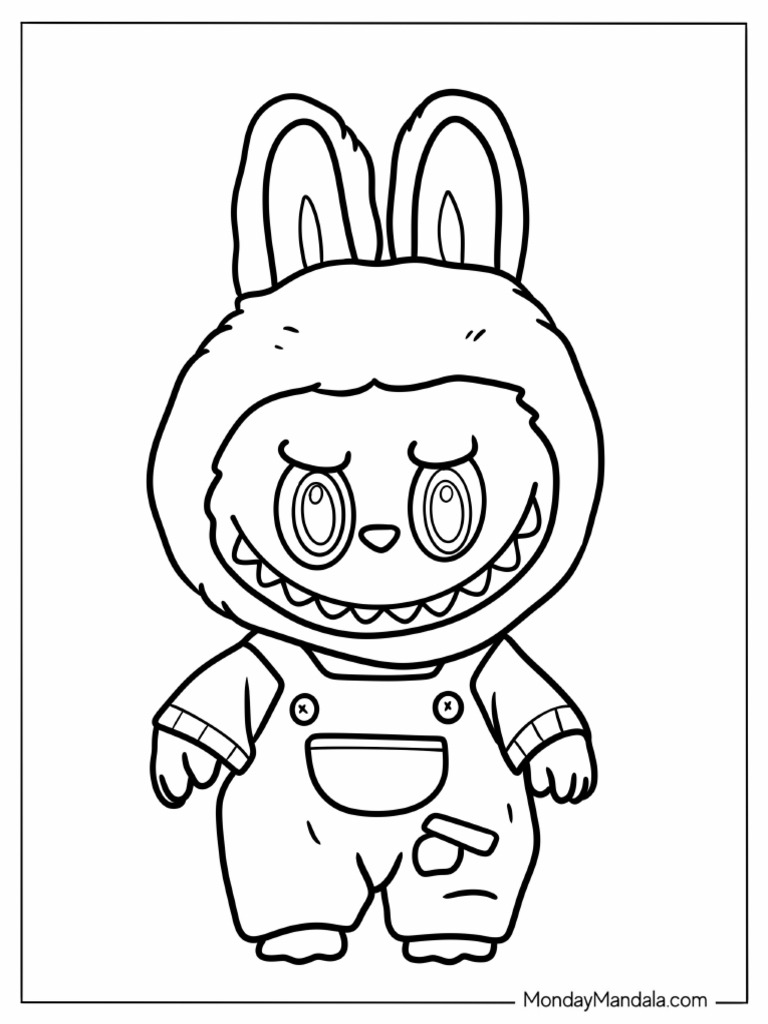 Easy Labubu in Overalls Coloring Page For Kids | PDF