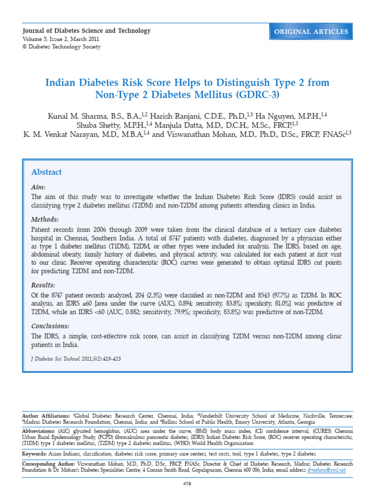 Indian Diabetes Risk Score Helps To Distinguish Type 2 From GDRS | PDF ...