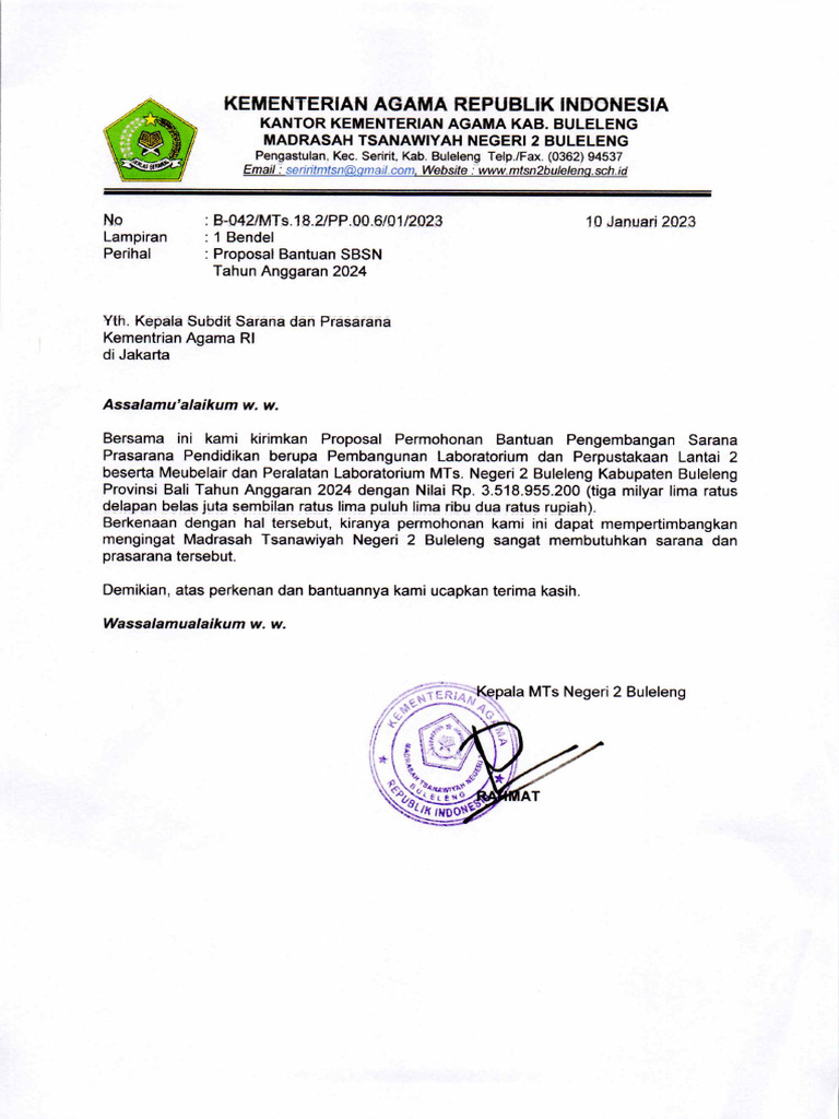 Surat Usulan Permohonan Program SBSN MTSN 2 Buleleng | PDF