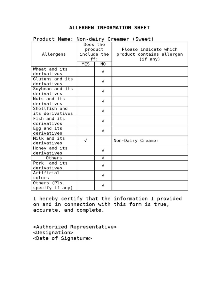 Allergen Information Sheet Template | PDF