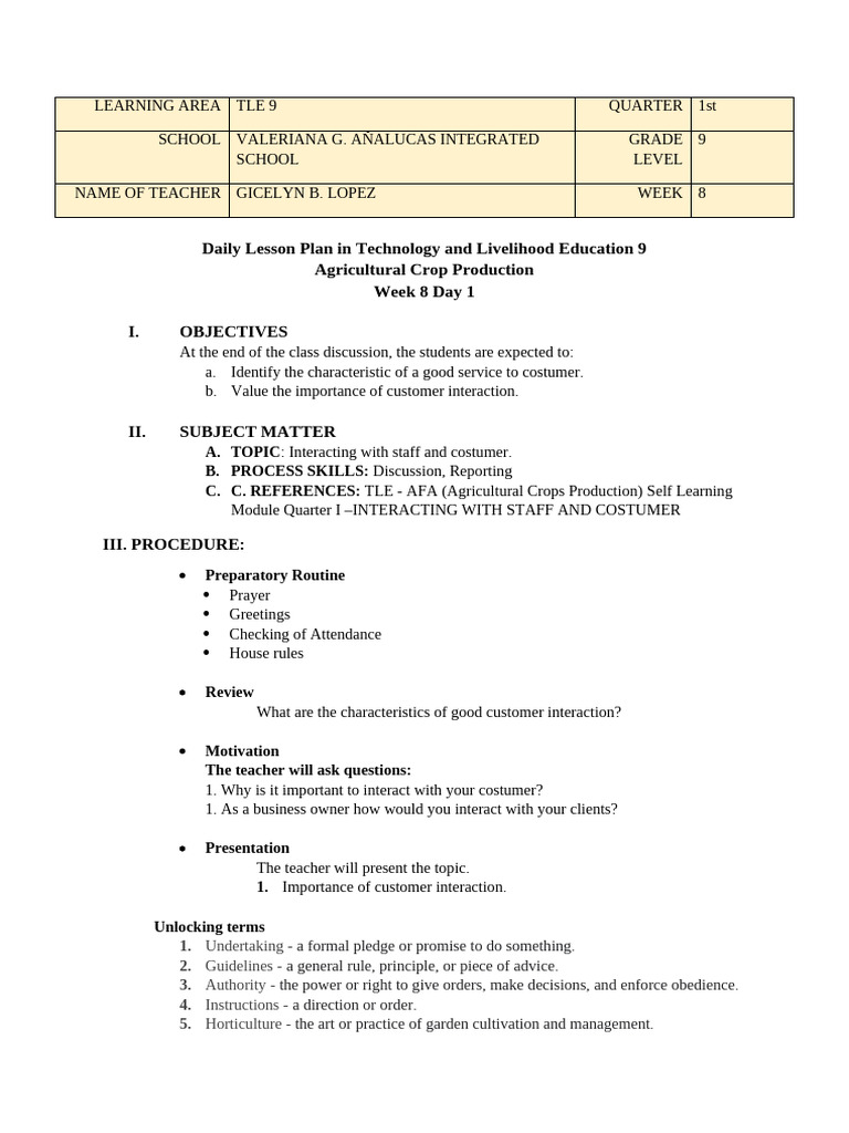 Q1 W8 Agriculture 9 Lopezz | PDF | Lesson Plan | Teachers