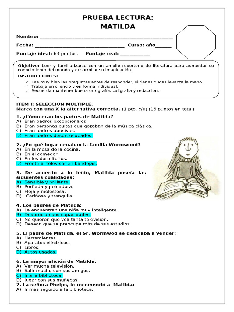 Prueba Lectura - Matilda (Roald Dahl) | PDF