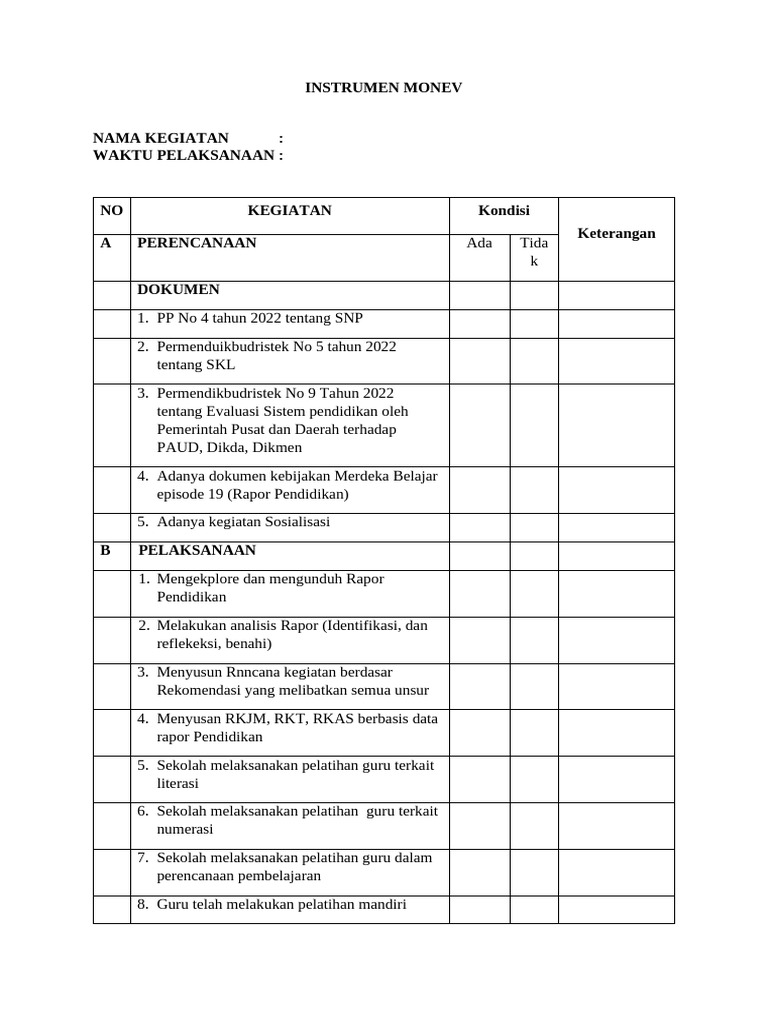 Contoh Instrumen Monev Pembelajaran | PDF