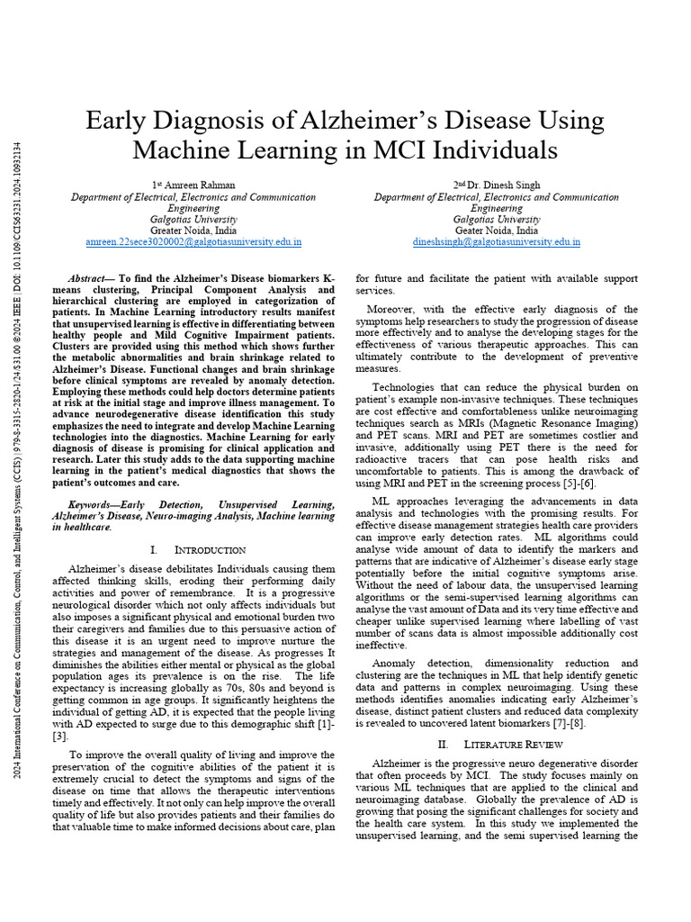 Early Diagnosis of Alzheimers Disease Using Machine Learning in MCI Individuals | PDF | Machine ...