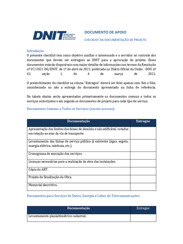 Checklist de Documentação para Projetos DNIT | PDF