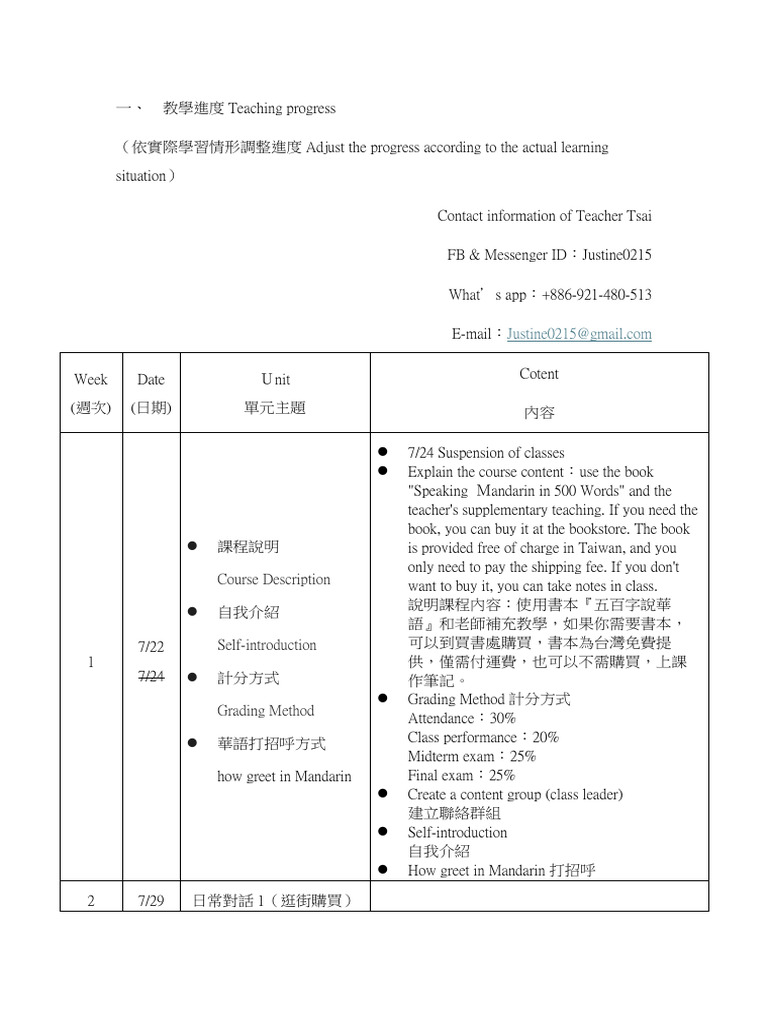 Class Outline 2025 Manderin | PDF
