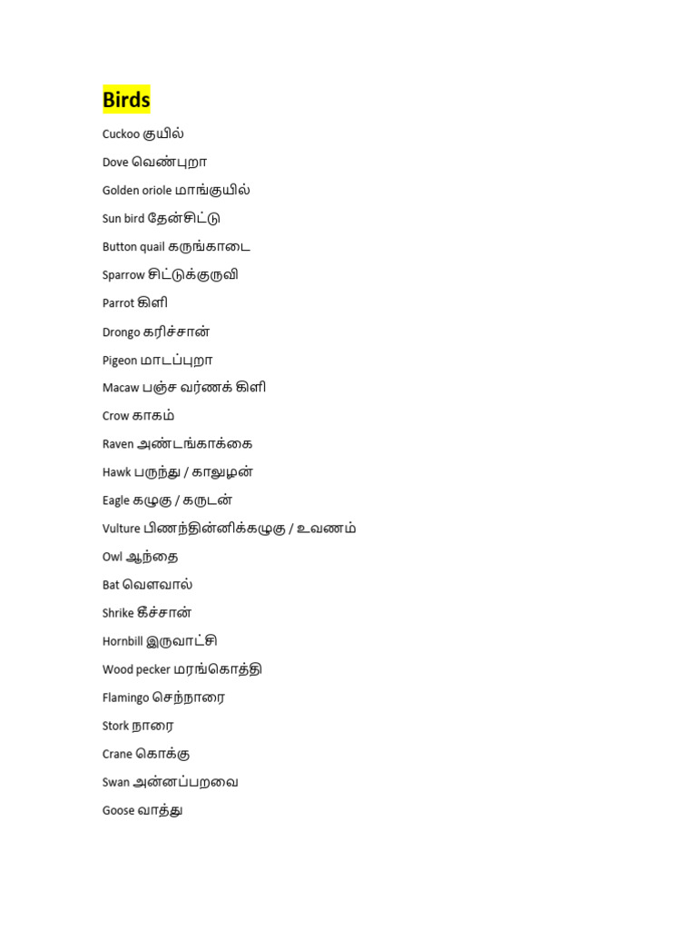 Birds English To Tamil | PDF