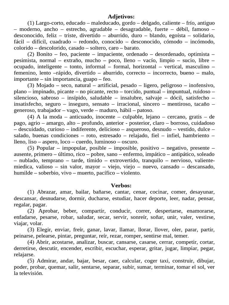 Lista de Adjetivos y Verbos en Español | PDF