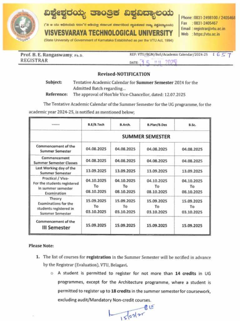 1657 Academic Calendar for Summer Semester 2024 for the Admitted Batch ...