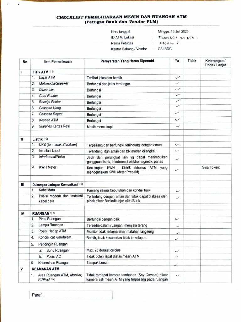Checklist Pemeliharaan ATM Lengkap | PDF