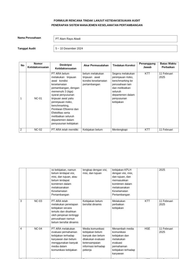 Formulir Rencana Tindak Lanjut Audit | PDF