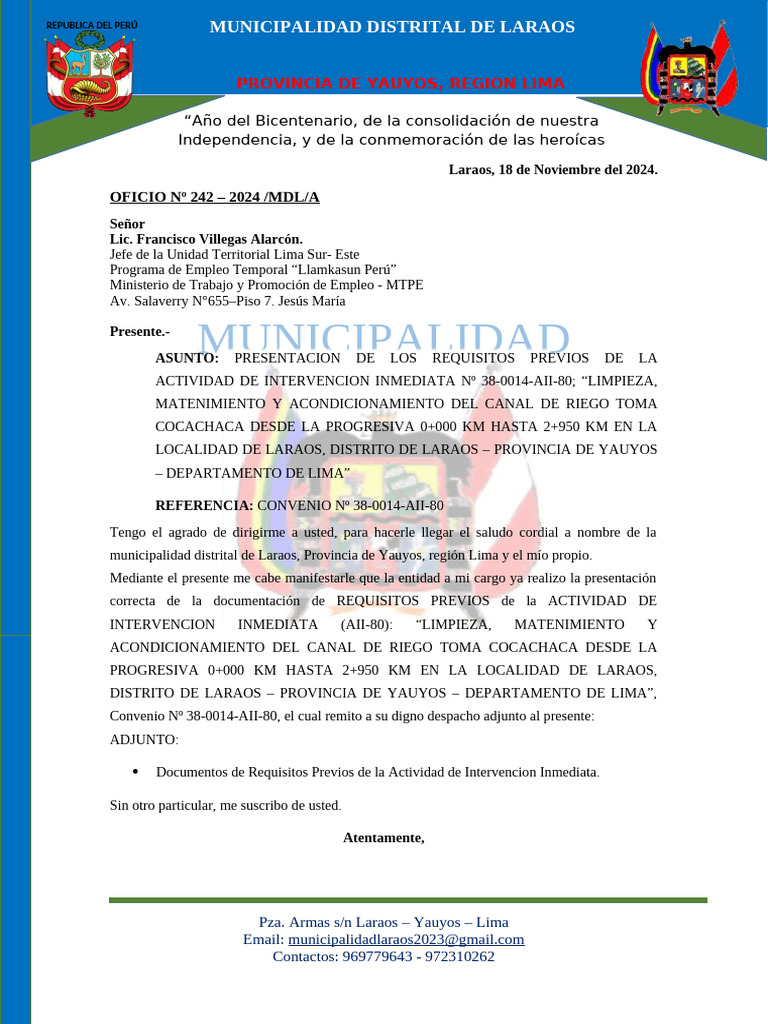 Oficio Nº242-2024-Mdl, Presentacion de Requisitos Previos | PDF | Perú