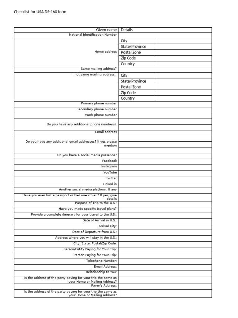 DS-160 Form Completion Checklist | PDF | Zip Code | Travel Visa