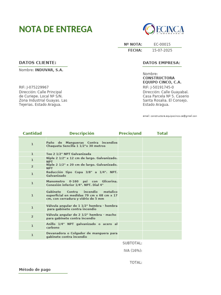 EC OOO15 Nota Entrega Induvar | PDF | Materiales