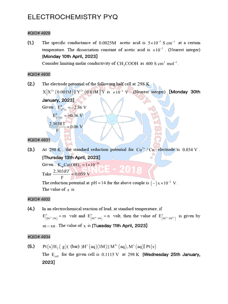 Electrochemistry Previous Year Questions | PDF | Electrochemistry ...