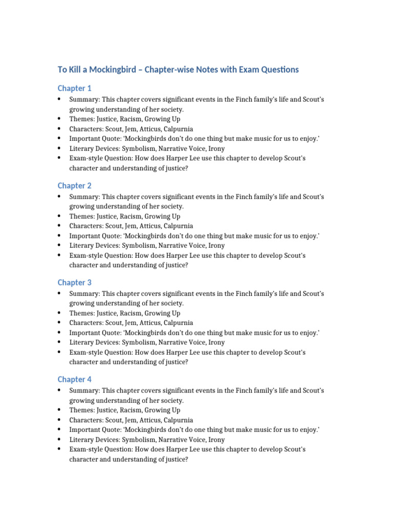 Chapter Notes & Questions for Mockingbird | PDF | Harper Lee | To Kill ...