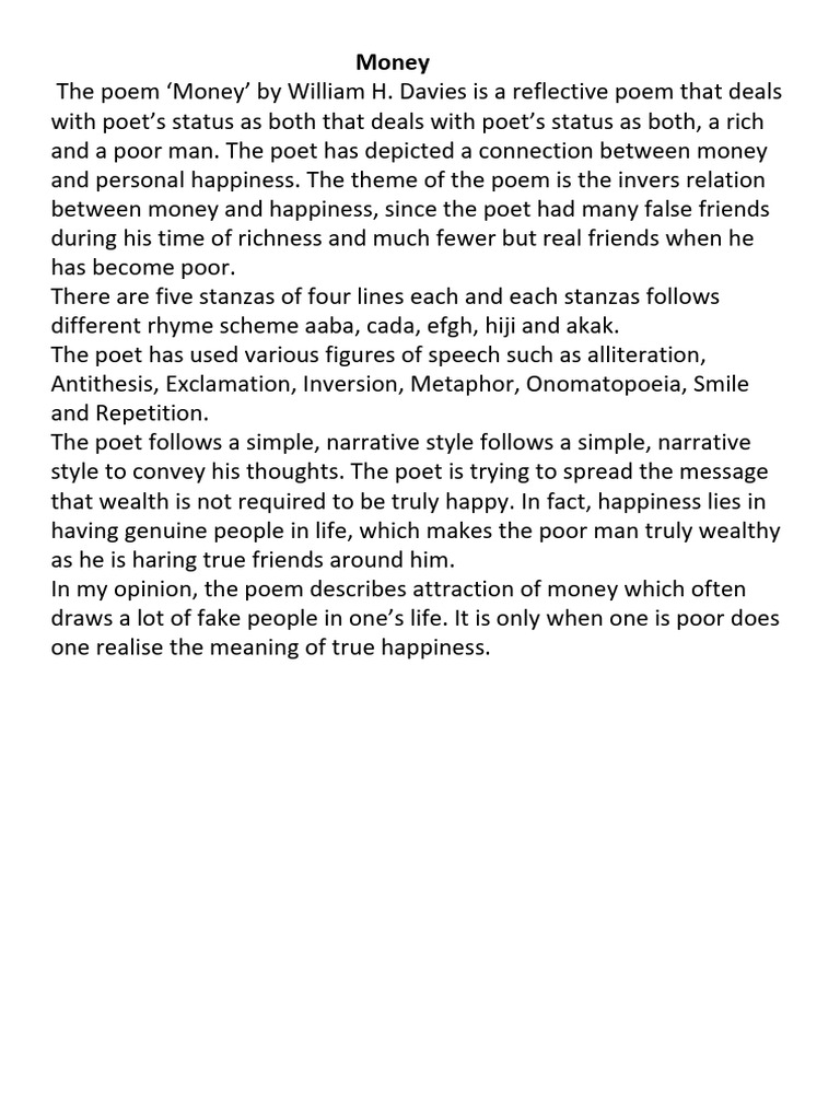 Appreciation of "Money" Poem | PDF