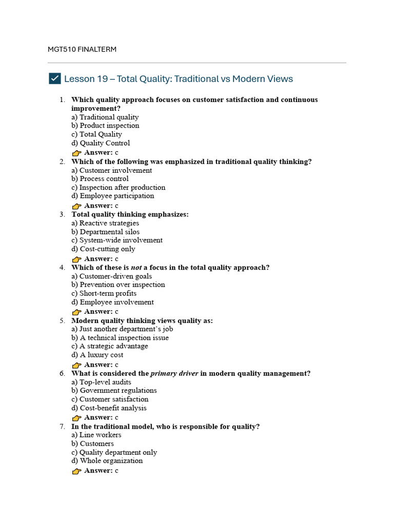 MGT510 FINALTERM MCQS SUBJECTIVE (Handouts) | PDF | Six Sigma | Lean Manufacturing