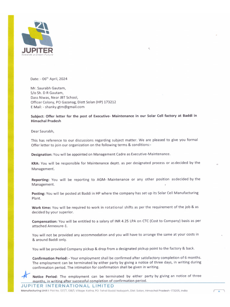 Offer Letter - Saurabh Gautam | PDF