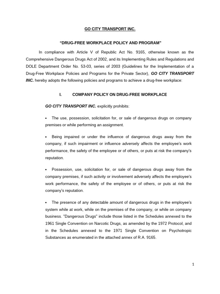 Drug-Free Workplace Policy Overview | PDF | Drug Test | Employment
