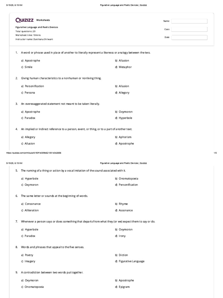 Figurative Language and Poetic Devices - Quizizz | PDF | Poetry | Rhyme